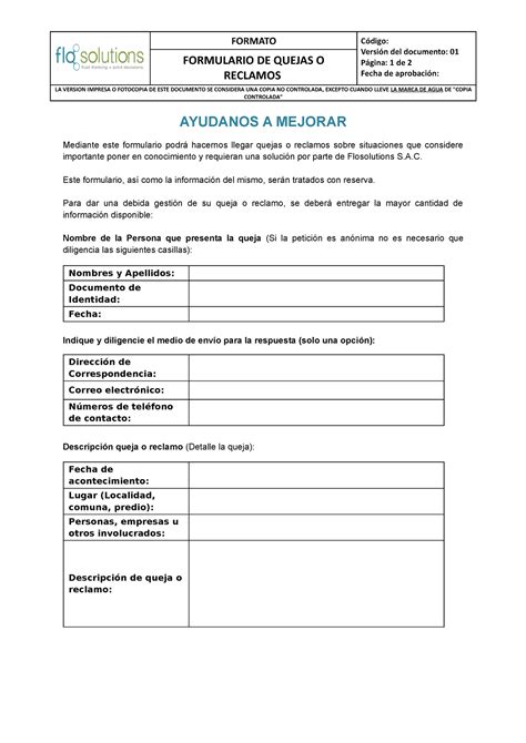 Formulario De Queja O Reclamo Formato Código Versión Del Documento