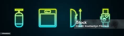 세트 라인 샌드백 욕실 저울 활 및 화살 떨림 심장 박동수를 보여주는 스마트 시계 빛나는 네온 아이콘입니다 벡터 건강한 생활방식에 대한 스톡 벡터 아트 및 기타 이미지