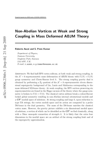 Pdf Non Abelian Vortices At Weak And Strong Coupling In Mass Deformed