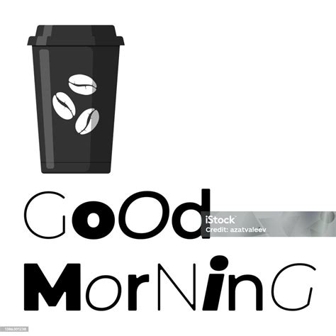 좋은 아침 그래픽 텍스트와 일회용 커피 컵 배너 최소한의 디자인 포스터 흰색 배경의 벡터 사각형 그림 검은색에 대한 스톡 벡터 아트 및 기타 이미지 Istock