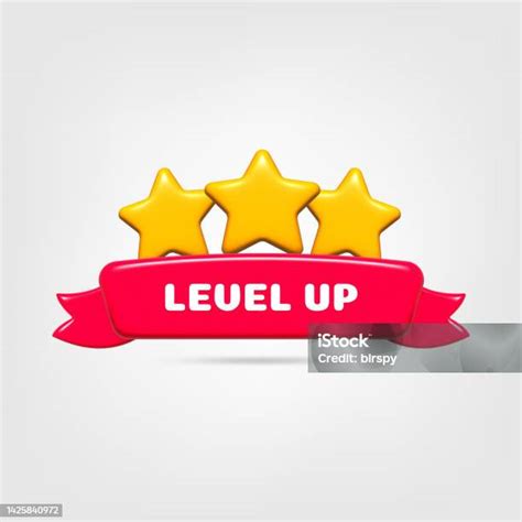 레벨 업 보상 벡터 배지 일러스트레이션 흰색 배경에 고립 된 빨간색 리본이있는 황금 별 모바일 게임 Ui 만화 디자인 요소 여가활동 게임에 대한 스톡 벡터 아트 및 기타