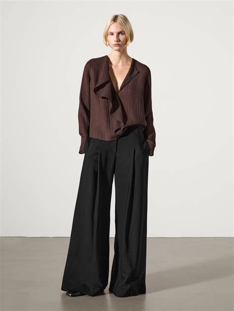 Ruffled V Neck Shirt · Brown · Shirts Massimo Dutti