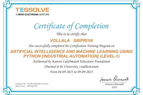 Sripriya Vollala On Linkedin Aiml Certificationcompletion Tessolve