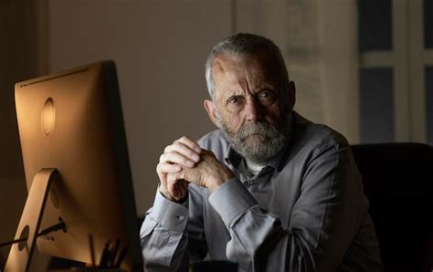 Premium Photo Senior Man Sitting At Desk And Working With His Computer Late At Night He Is
