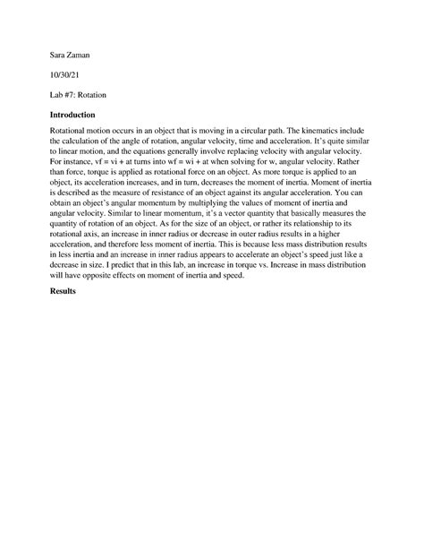 Lab 7 Rotation Lab Report Sara Zaman 10 30 Lab 7 Rotation Introduction Rotational Motion