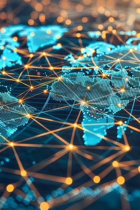 Global Network Connections Abstract World Map With Illuminated Lines And Nodes 3d Rendering