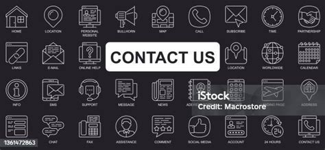 우리에게 연락처 개념 간단한 라인 아이콘 세트 위치 구독 파트너십 링크 이메일 온라인 도움말 정보 지원 및 기타 번들 웹 사이트 또는 모바일 앱 디자인에 대한 벡터 팩 개요