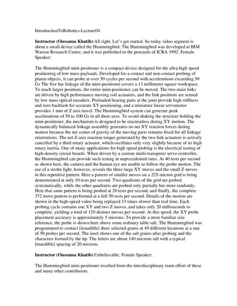 Lecture Transcriptions Introduction To Robotics Lesson 4 Docsity