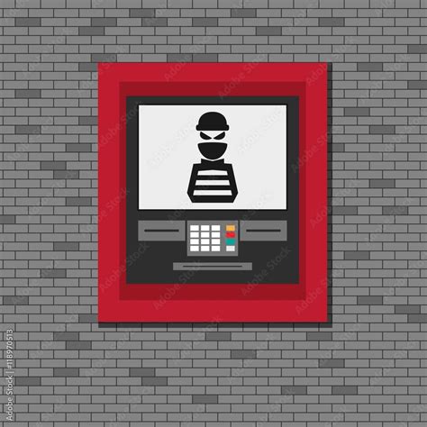 Thief Hacker Stealing Sensitive Data From Atm Machine Phishing Atm Skimming Cartoon Vector