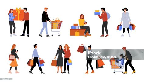 사람들은 소매점에서 쇼핑합니다 가방과 카트를 가진 구매자 구매하는 사람 쇼핑몰 판매에 여자입니다 선물을 가진 남자 부부는 선물을 가지고 다닙니다 친구들은 옷을 산다 벡터