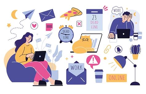 디자이너 캐릭터 창조적인 사업 안락 의자에 노트북을 가진 행복 한 여자 테이블에 피곤한 남자 컴퓨터 온라인 작업 프리랜서 원격