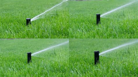 自动花园灌溉系统浇灌草坪。用可调水头喷灌系统节约用水。草坪灌溉、园艺、足球场或高尔夫球场的自动化。视频素材下载编号19412744光厂vj师网
