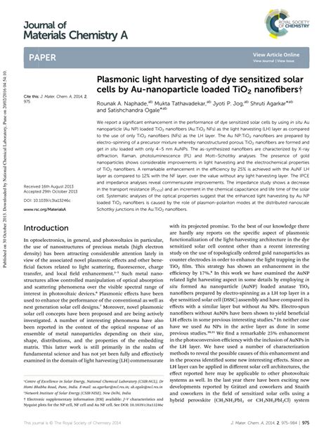 Pdf Plasmonic Light Harvesting Of Dye Sensitized Solar Cells By Au Nanoparticle Loaded Tio2
