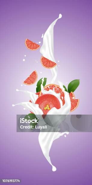 현실적인 그림 3d 과일과 우유 흐름입니다 슬라이스는 요구르트에 떨어지는입니다 자 몽 우유 스플래시입니다 광고 홍보 포장 라벨에 대 한 템플릿 0명에 대한 스톡 벡터 아트