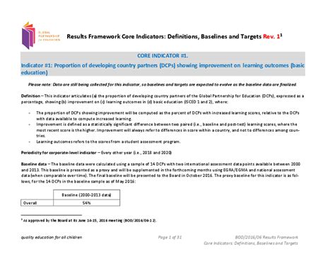 results framework core indicators definitions baselines and targets
