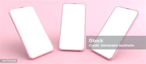 분홍색 바닥에 모형 핑크 스마트 폰 흰색 화면의 3d 렌더링 분홍색 휴대 전화는 땅에 누워 스마트폰 화이트 스크린은 상업용
