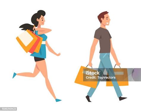 행복한 남자와 여자 캐릭터는 구매 벡터 세트로 쇼핑을 하는 가방을 들고 있다 가방에 대한 스톡 벡터 아트 및 기타 이미지 가방 개념 개성 개념 Istock