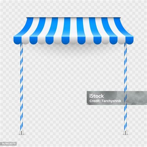 스탠드 홀더가 있는 파란색 상점 차양 현실적인 줄무늬 카페 차양 야외 시장 텐트 지붕 캐노피 여름 거리 상점 벡터 그림 0명에