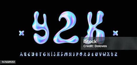 홀로그램 Y2k 글꼴 액체 3d 버블 홀로그램 알파벳입니다 Y2k 디자인을 위한 무지개 빛깔의 홀로 벡터 문자 그루비 벡터 일러스트 레이 션 컴퓨터 글자에 대한 스톡 벡터