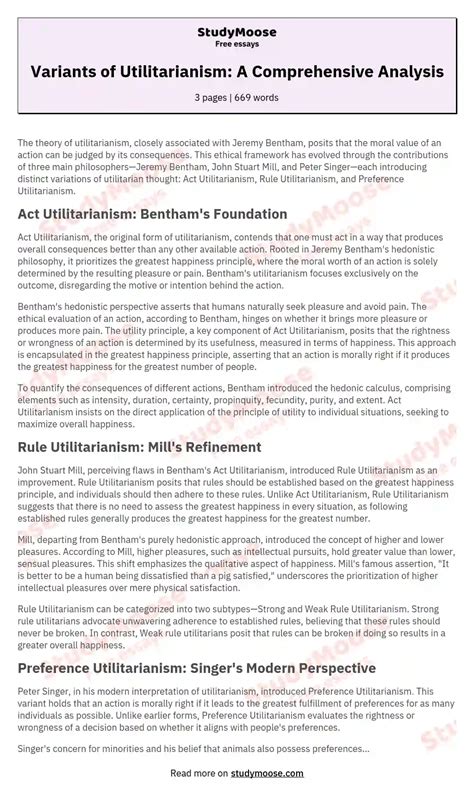 Variants Of Utilitarianism A Comprehensive Analysis Free Essay Example