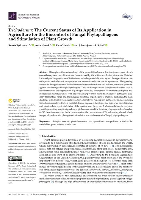 Pdf Trichoderma The Current Status Of Its Application In Agriculture