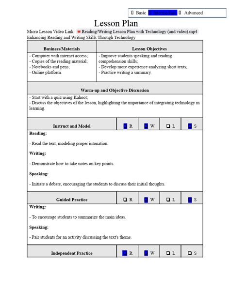1 Readingwriting Lesson Plan With Technology Pdf