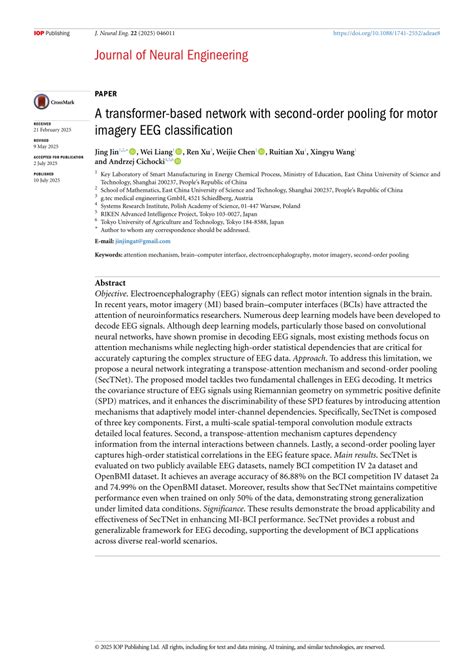 A Transformer Based Network With Second Order Pooling For Motor Imagery Eeg Classification