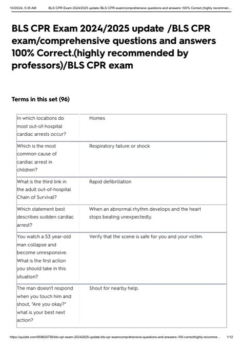 Bls Cpr Exam 2024 2025 Update Bls Cpr Exam Comprehensive Questions And Answers 100 Correct