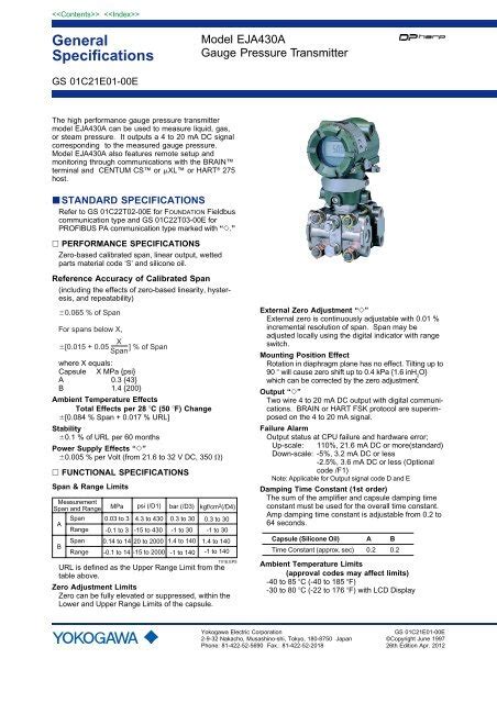 Model Eja430a Gauge Pressure Transmitter Yokogawa
