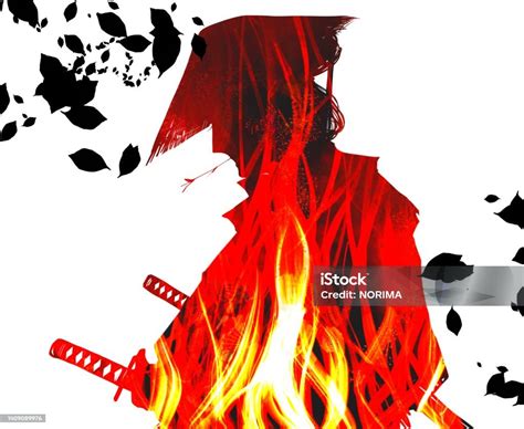 에도 시대 사무라이를 연기하는 가부키 배우의 흑백 종이 컷아웃 스타일의 일러스트레이션으로 흐르는 짠 모자를 쓰고 나뭇가지를 입에 들고 성난 붉은 불꽃을 태우는 실루엣 배경이