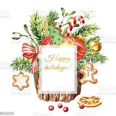 크리스마스와 새해 복 많이 받으세요 축제 장식으로 인사말 카드 또는 전단지 엽서 소책자 전단지 손으로 그린 수채화 그림 흰색 배경에 고립 공휴일에 대한 스톡 벡터 아트 및