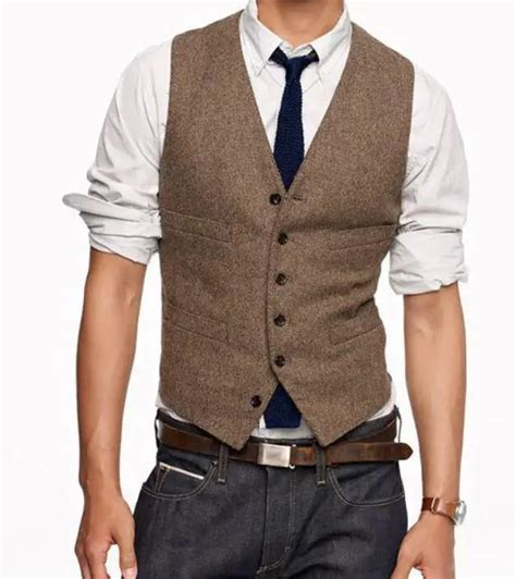 Brown Tweed Vest Wool Herringbone Groom Vests British Style Mens Suit Vests Slim Fit Mens Dress