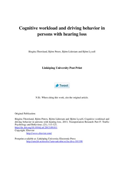 Pdf Cognitive Workload And Driving Behavior In Persons With Hearing Loss
