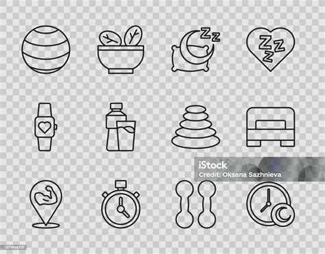 세트 라인 보디 빌더 근육 잠을 시간 스톱 워치 피트니스 공 유리 아령과 큰 침대 아이콘물 병 벡터 가구에 대한 스톡 벡터 아트 및 기타 이미지 Istock