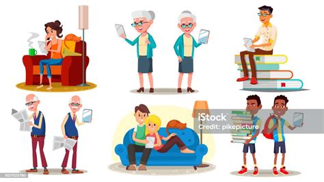 전자 책 독자 개념입니다 벡터입니다 E학습 대체 장치입니다 사람들이 전자도 서와 독서 모바일 라이브러리입니다 디지털 타블렛입니다