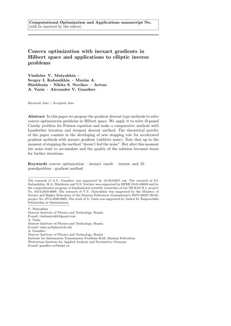 Pdf Convex Optimization With Inexact Gradients In Hilbert Space And
