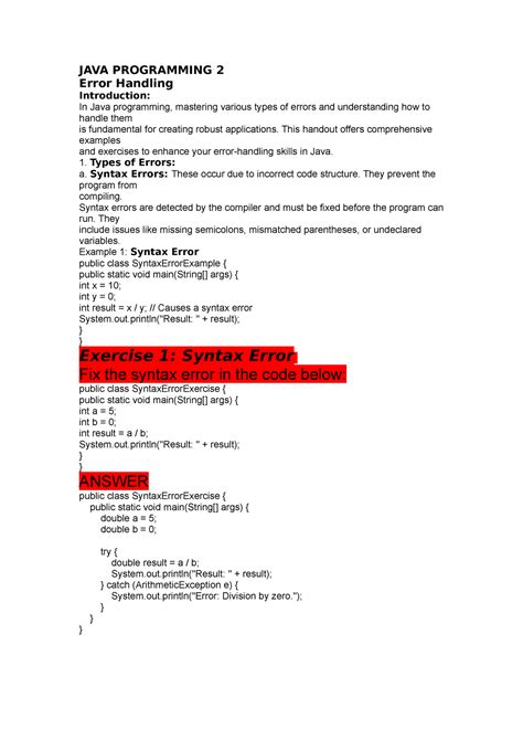 Java Programming 2 Excercises Java Programming 2 Error Handling