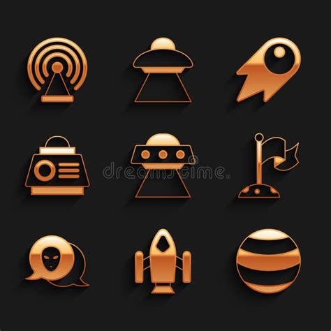 Set Ufo Flying Spaceship Rocket Planet Moon With Flag Alien Space Capsule Comet Falling