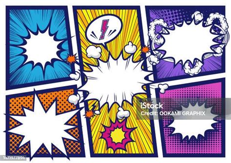 빈 말풍선과 광선이 있는 만화책 페이지 템플릿입니다 벡터 그림입니다 레트로 팝 아트 만화책 잡지 연설 거품 풍선 상자 메시지 3차원 형태에 대한 스톡 벡터 아트 및 기타