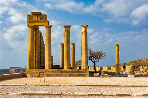 린도스 전망의 아크로 폴리스의 유적 로도스 도데카누스 제도 그리스 제도 그리스 린도스의 아크로 폴리스 그리스의 로도스의 고대 건축물 0명에 대한 스톡 사진 및 기타 이미지