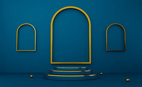 연단은 비어 있고 현대적인 무대 디스플레이 및 미니멀리스트 모형 추상 쇼케이스 배경 개념 3d 그림 또는 3d 렌더링을 위한 파란색 구성의 기하학적 모양이 있는 공 0명에