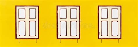 Vintage Three Wooden Windows Classic On The Yellow Concrete Wall Color White Wooden Window