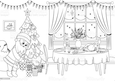 색칠하기 페이지 산타클로스가 크리스마스 트리 아래에 선물을 놓고 있다 흑백 산타 벡터 크리스마스에 대한 스톡 벡터 아트 및 기타
