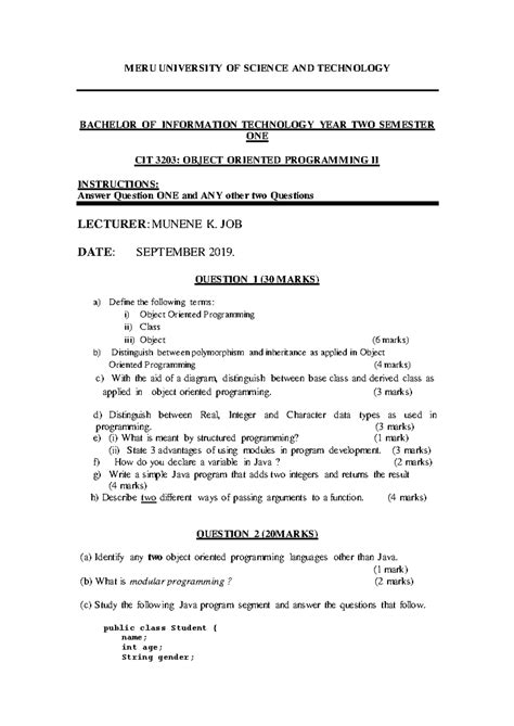 Cit 3203 Object Oriented Programming Ii Meru University Of Science And Technology Bachelor Of
