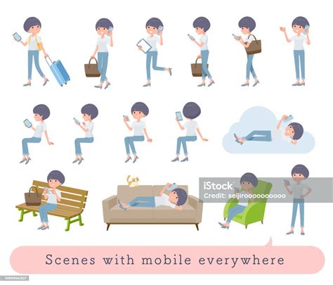 다양한 장면에서 스마트폰을 사용하는 티셔츠 맙소사한 머리 여성 세트 T 셔츠에 대한 스톡 벡터 아트 및 기타 이미지 T 셔츠 개체 그룹 검색 Istock