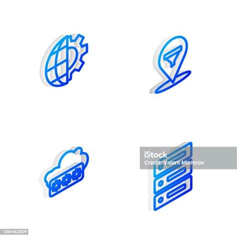 판매 유입경로 지구의 글로브 및 기어 암호 보호 및 서버 데이터 웹 호스팅 아이콘이 있는 등다양한 라인 위치를 설정합니다 벡터 3차원 형태에 대한 스톡 벡터 아트 및 기타