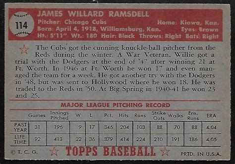 1952 Topps 114 Willard Ramsdell Chicago Cubs Nice Ebay