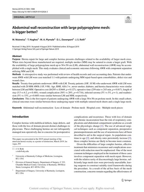 Abdominal Wall Reconstruction With Large Polypropylene Mesh Is Bigger Better Request Pdf