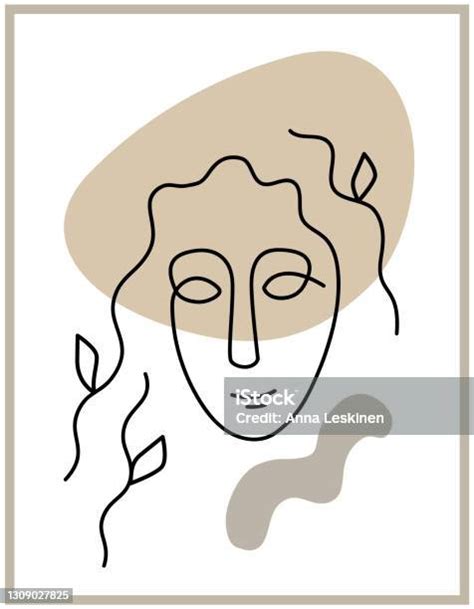 물결 모양의 머리와 미니멀 한 추상적 인 여자 얼굴 자연스러운 베이지 색의 여성의 벡터 초상화 그녀의 머리와 색깔의 반점에 잎을 가진 소녀 흰색 배경에 격리 행복한 추상적