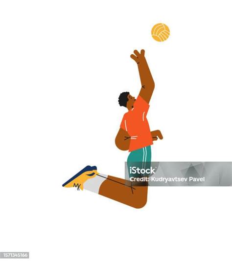 배구 선수 흑인 남자가 점프하고 손을 들어 공을 치고 스포츠 게임 챔피언십 벡터 일러스트레이션 개념에 대한 스톡 벡터 아트 및 기타 이미지 Istock
